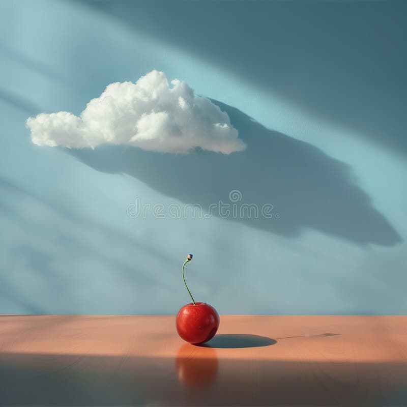 A Cherry on a Table with Tiny Fluffy Clouds Floating Overhead Stock ...