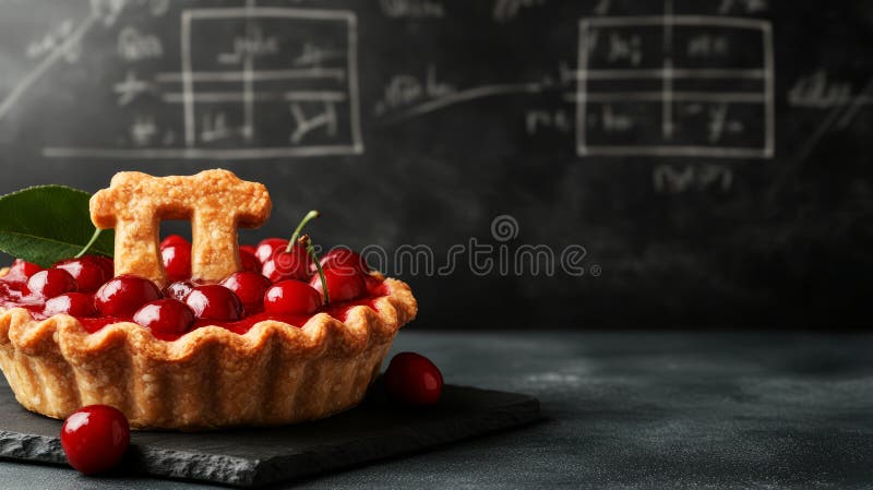 Cherry Tart with Mathematical Pi Symbol on Blackboard Background in a ...