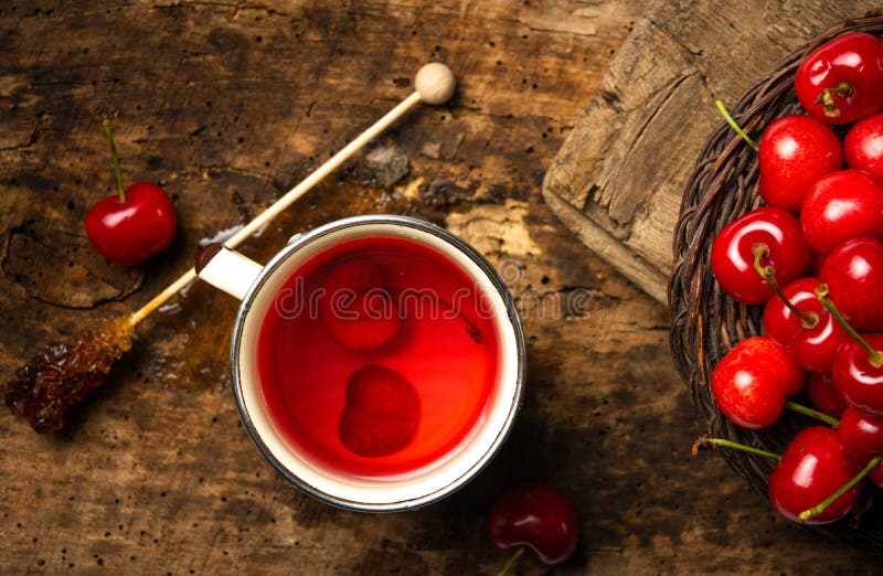 Cherry Tea with Fruits on a Rustic Table Stock Image - Image of dessert ...