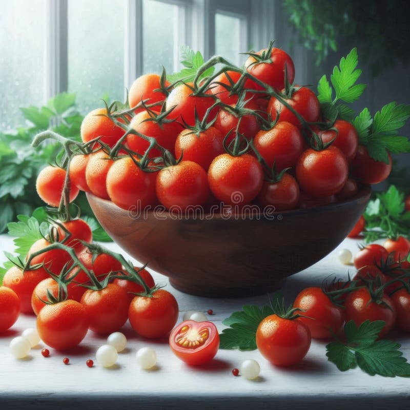 Cherry Tomatoes Still on the Vine with White Background Stock Illustration - Illustration of ...