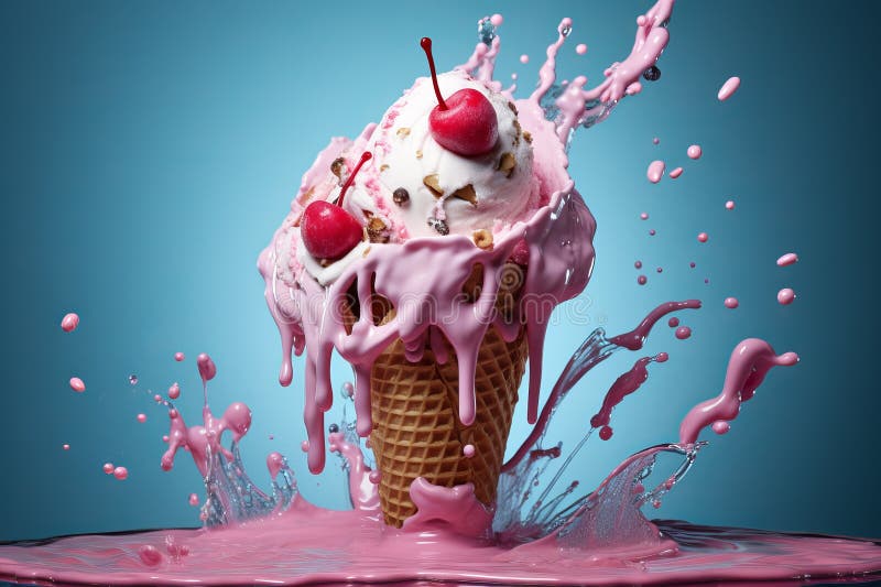 Cherry-topped Ice Cream Cone with Splashing Pink Milkshake Stock Photo ...