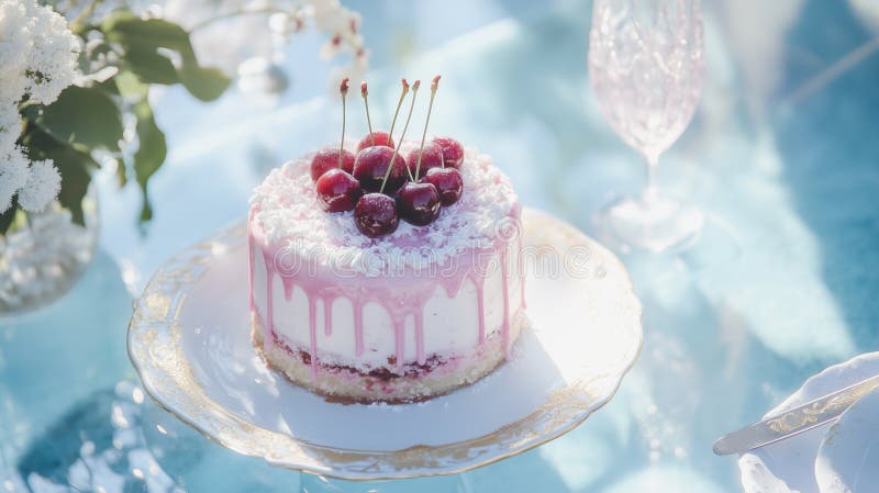 Cherry-Topped Pink Drip Cake on a Vibrant Outdoor Table Stock Photo ...