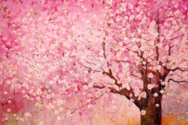 Cherry Tree in Bloom Painting Stock Illustration - Illustration of ...