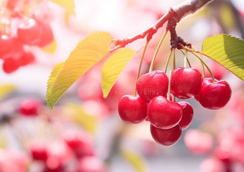Cherry Tree Branch Close-up, Fruit Orchard Blurred Background with Copy ...