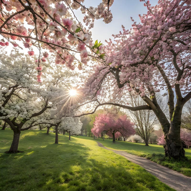 Cherry Tree Garden in Spring with Sunlight Stock Illustration ...