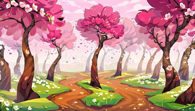 Cherry Tree Grove in Full Bloom during Spring Vector Art Background ...