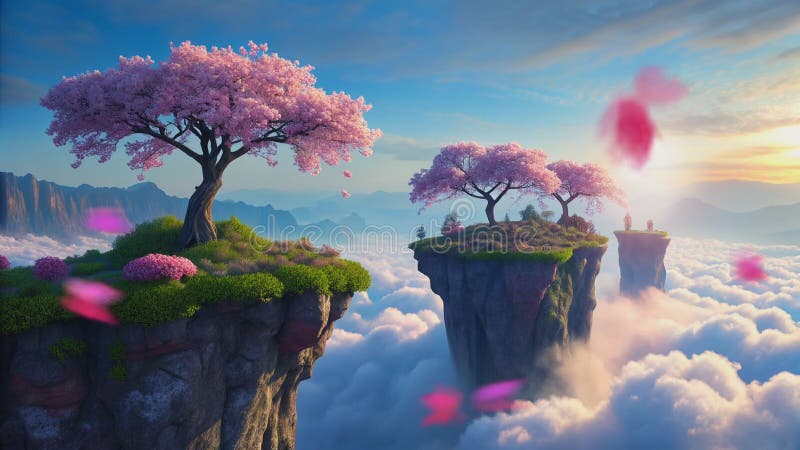 3 Cherry Trees on a Cliff with Animated Clouds Moving Stock Video ...