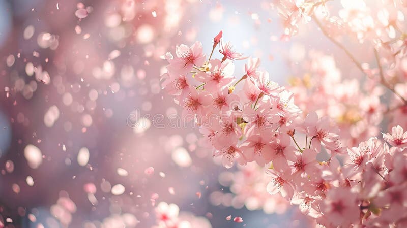 Cherry Trees in Full Bloom, Delicate Pink Petals Flying in the Air ...