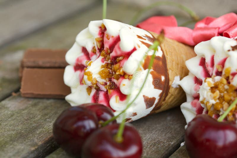 Cherry Vanilla Ice-cream with Caramel Topping. Closeup Stock Image ...