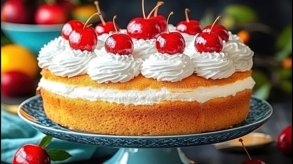 Cherry Whipped Cream Cake Recipe Stock Illustration - Illustration of ...