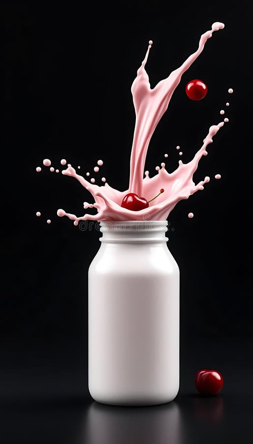 Cherry Yogurt Splash with Ripe Cherries Against Dark Background for ...