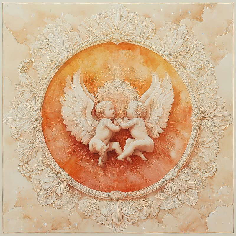 Cherubic Angels Embracing in an Ornate Round Frame Artwork Stock Photo ...