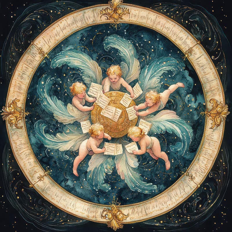 Cherubic Angels with Musical Notes Surrounded by Celestial Swirls Stock ...