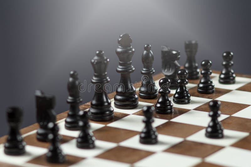 Chess Board with Black Chess Pieces on Gray Background Stock Photo ...