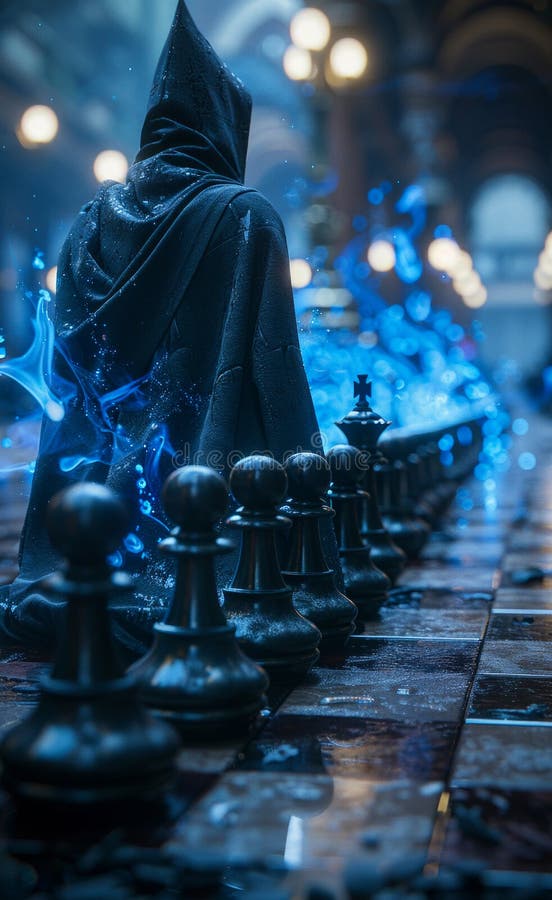 Chess Board is Chessboard with Figure of Wizard in Hood Stock Image ...