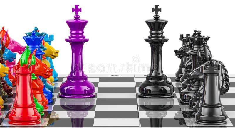 Chess Board with Colored Chess Pieces and Black. 3D Rendering Stock ...
