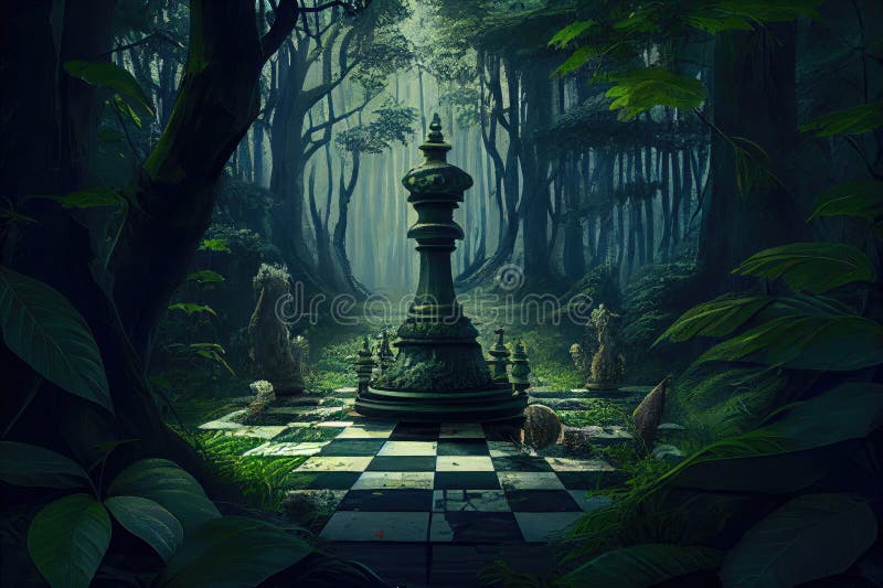 Chess Board in a Dense, Overgrown Forest with Towering Trees and Lush ...