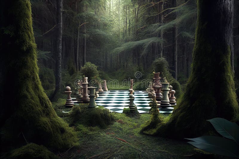 Chess Board in a Dense, Overgrown Forest with Towering Trees and Lush ...