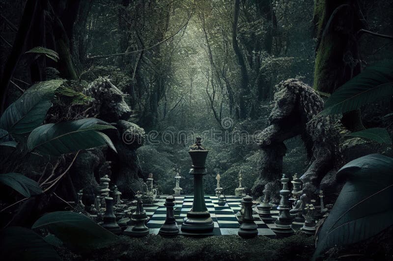 Chess Board in a Dense, Overgrown Forest with Towering Trees and Lush ...