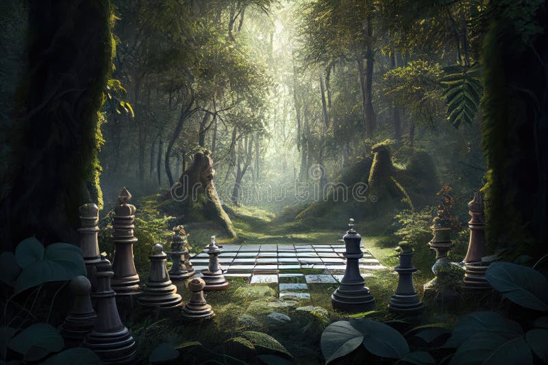 Chess Board in a Dense, Overgrown Forest with Towering Trees and Lush ...