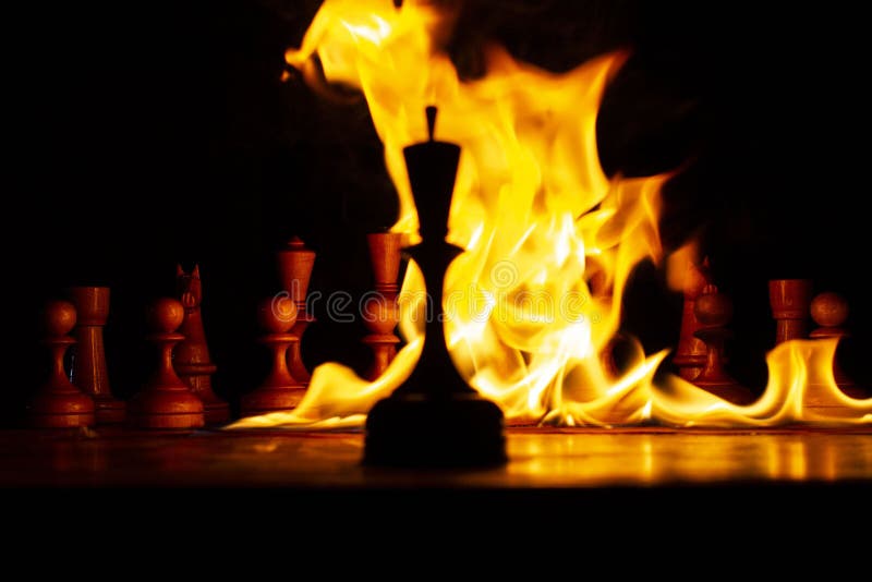 Chess Board on Fire with Figures in the Dark, Front and Background ...