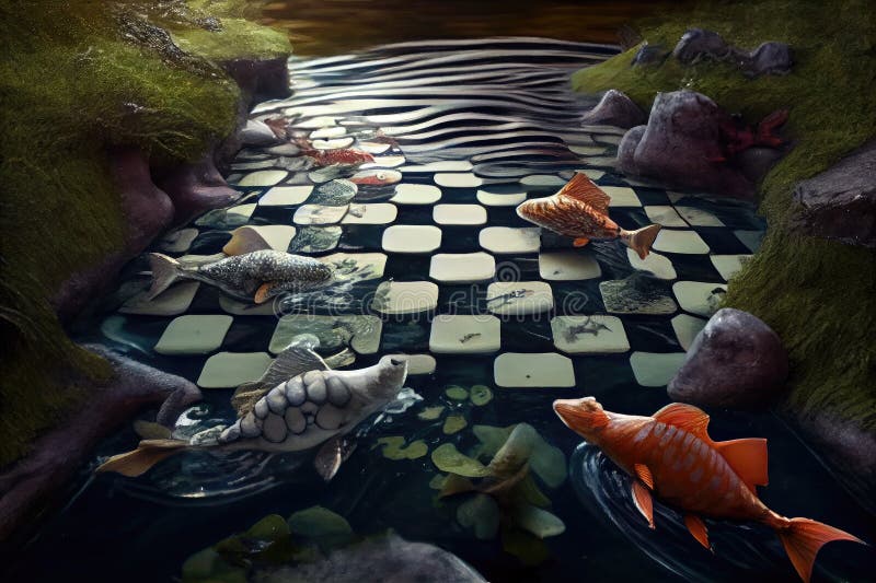Chess Board Floating on a Stream, with Fish Swimming Past Stock ...