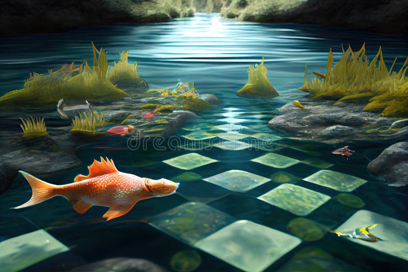 Chess Board Floating on a Stream, with Fish Swimming Past Stock ...