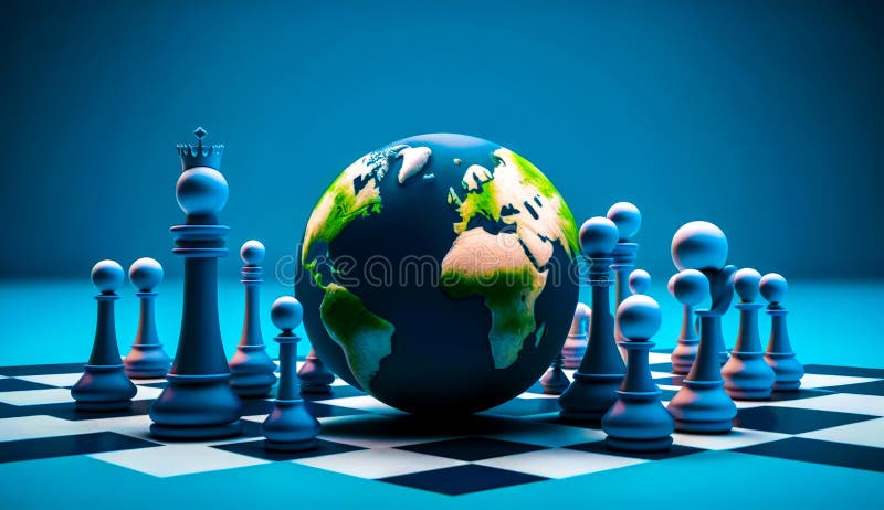 Chess Board with Globe on Top of it, Surrounded by Chess Pieces ...