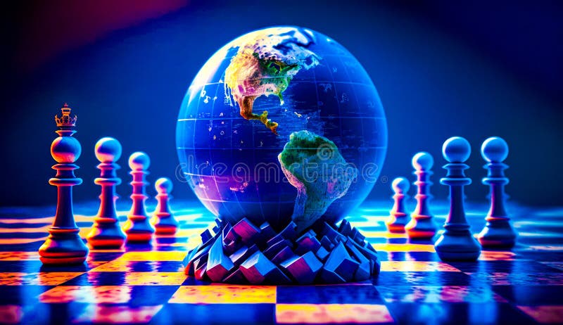 Chess Board with Globe on Top of it, Surrounded by Chess Pieces ...