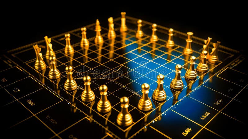 Chess Board with Golden Chess Pieces on Blue and Black Checkered Board ...