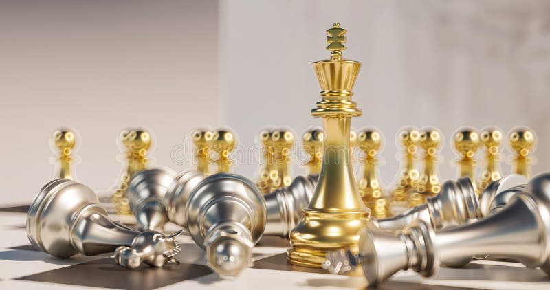 A Chess Board with a Golden and Silver Chess Set, 3D Render Stock ...