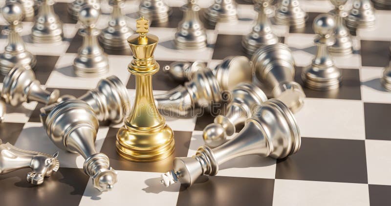 A Chess Board with a Golden and Silver Chess Set, 3D Render Stock ...