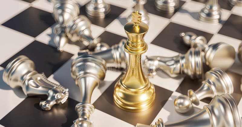 A Chess Board with a Golden and Silver Chess Set, 3D Render Stock ...