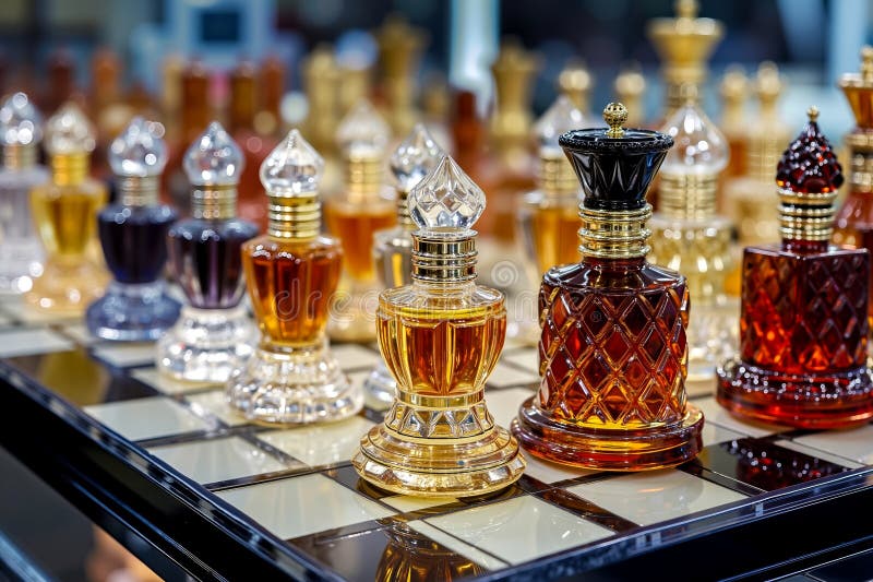 A Chess Board with Many Different Types of Perfume Bottles on it Stock ...