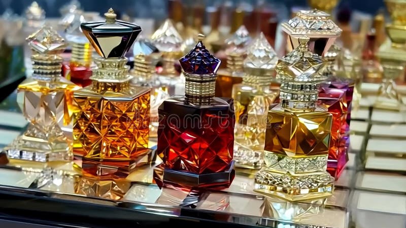 A Chess Board with Many Different Types of Perfume Bottles on it Stock ...