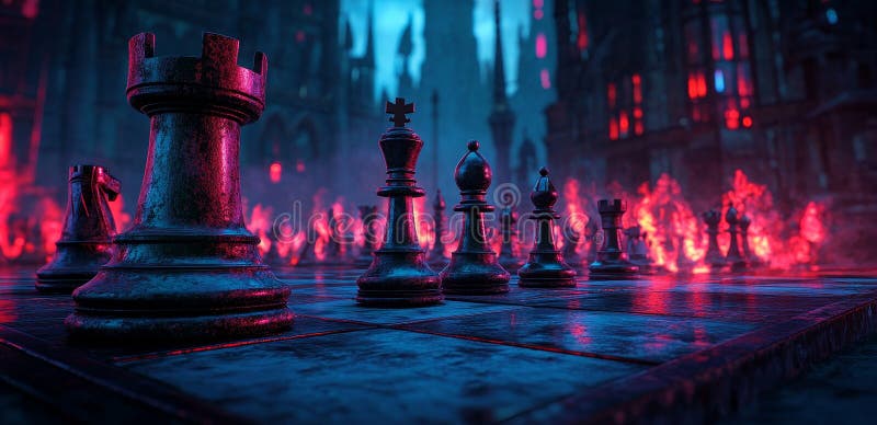A Chess Board with Multiple Chess Pieces and a Fire Effect Set Against ...