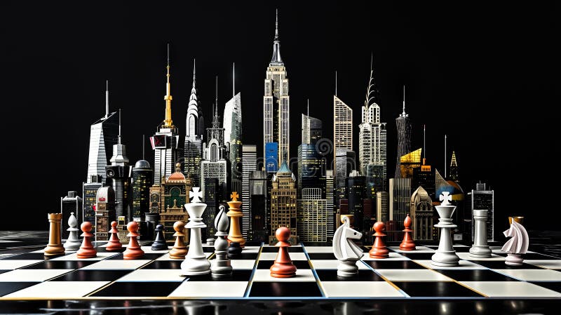 A Chess Board with Chess Pieces on it in Front of a City Skyline Stock ...