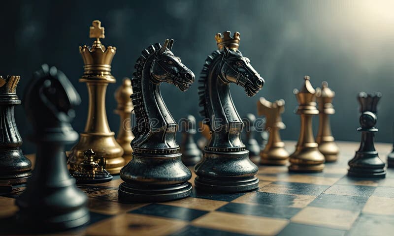 A Chess Board with Pieces on it, the Knight Piece is on the Left Side ...