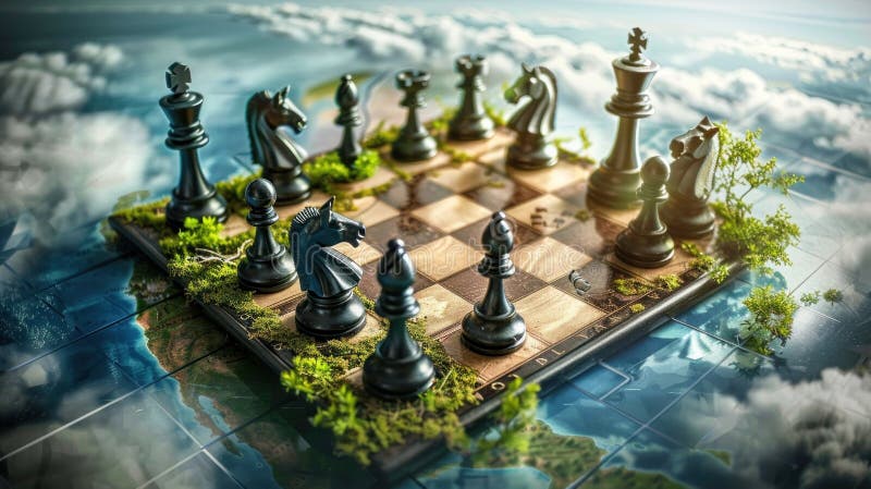 A Chess Board with Pieces on it and a Sky Background Stock Photo ...