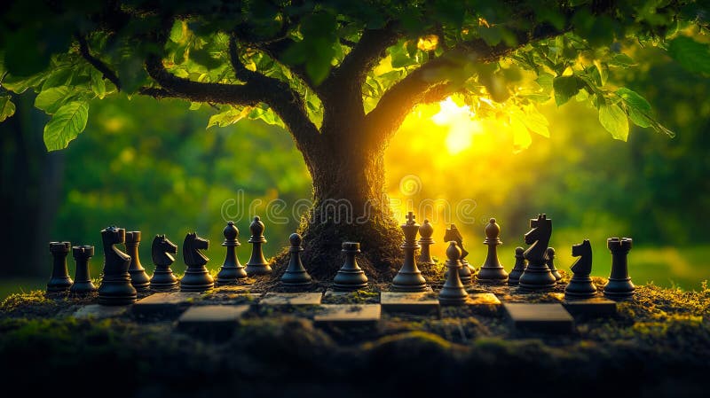 A Chess Board with Chess Pieces Under a Tree in the Sunlight Stock ...