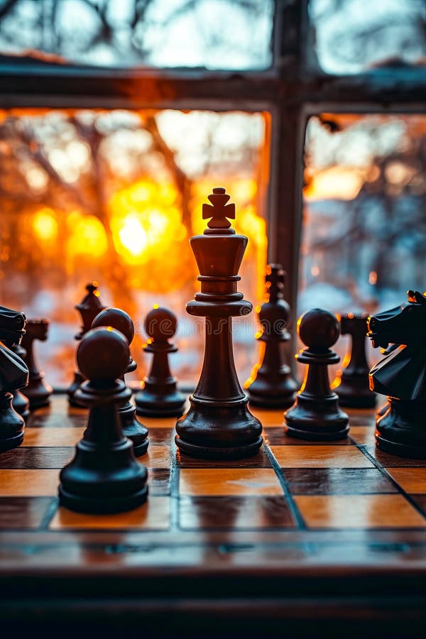Chess Board with Pieces in Various Positions and Beautiful Sunset in ...