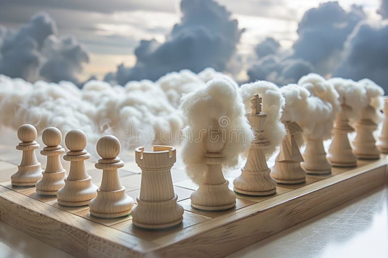 Strategic Chess Game Pieces Covered in Fluffy Cloudscape Stock Illustration - Illustration of ...