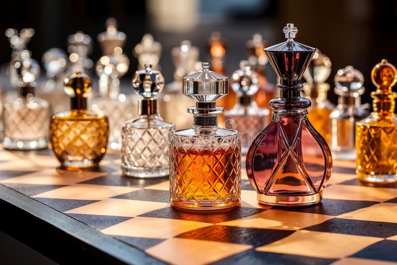 A Chess Board with Several Bottles of Perfume on it Stock Photo - Image ...