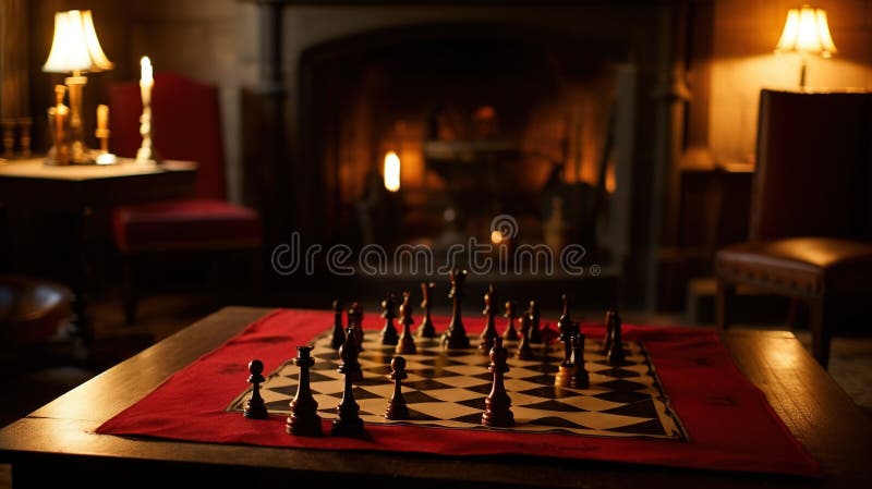 A Chess Board Sitting on Top of a Table in Front of a Fire Place Stock ...