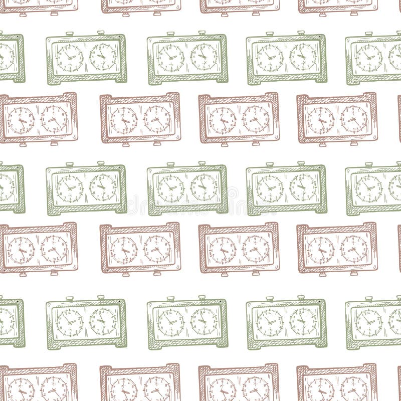 Chess Clock Engraved Seamless Pattern. Retro Watch for Chess Game in ...