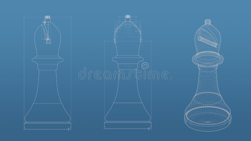 Chess 3d Blueprint Mesh Model on a Blue Background. Front View ...