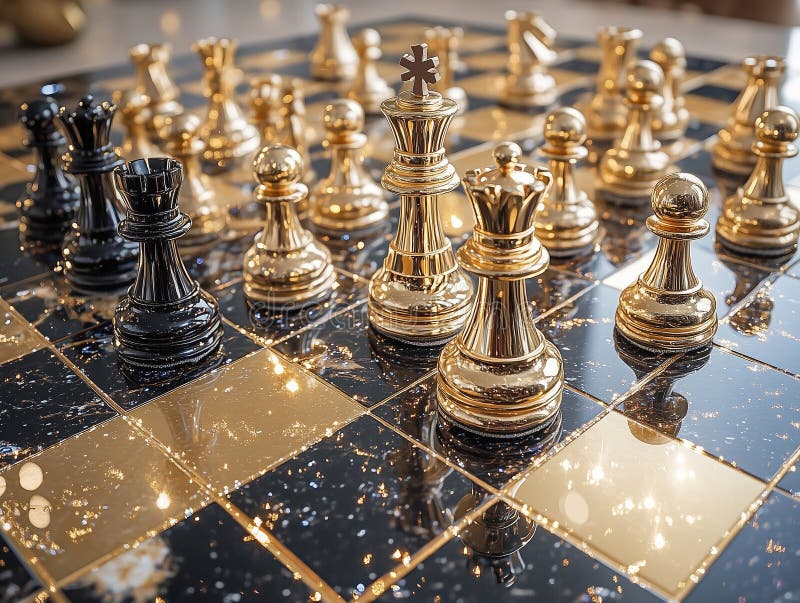 Chess. Different, Chess Pieces on a Shiny Black, Polished Stone ...