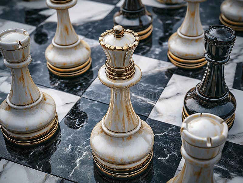 Chess. Different, Chess Pieces on a Shiny Black, Polished Stone ...