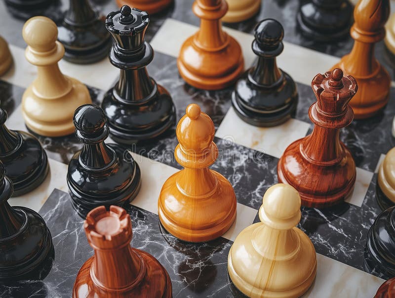 Chess. Different, Chess Pieces on a Shiny Black, Polished Stone ...