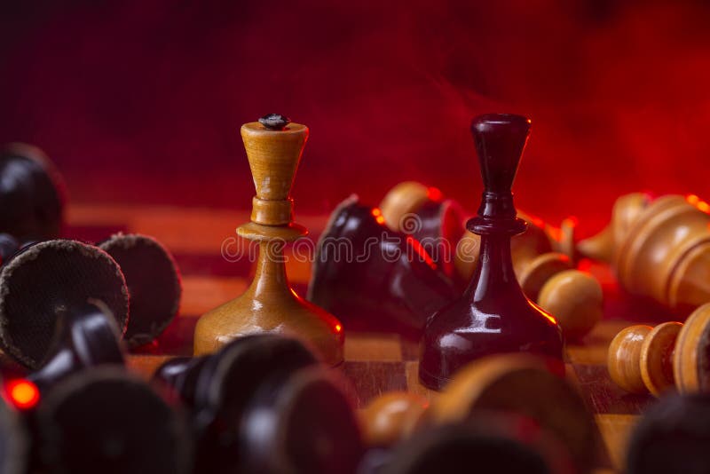 Chess Fight, Chess Pieces on the Board, Toned in Red. Battle Fire and ...